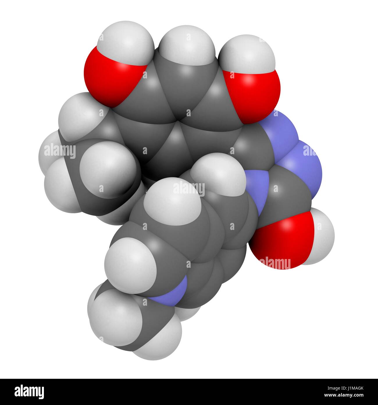 Ganetespib cancer drug molecule (HSP90 inhibitor). 3D rendering. Atoms ...
