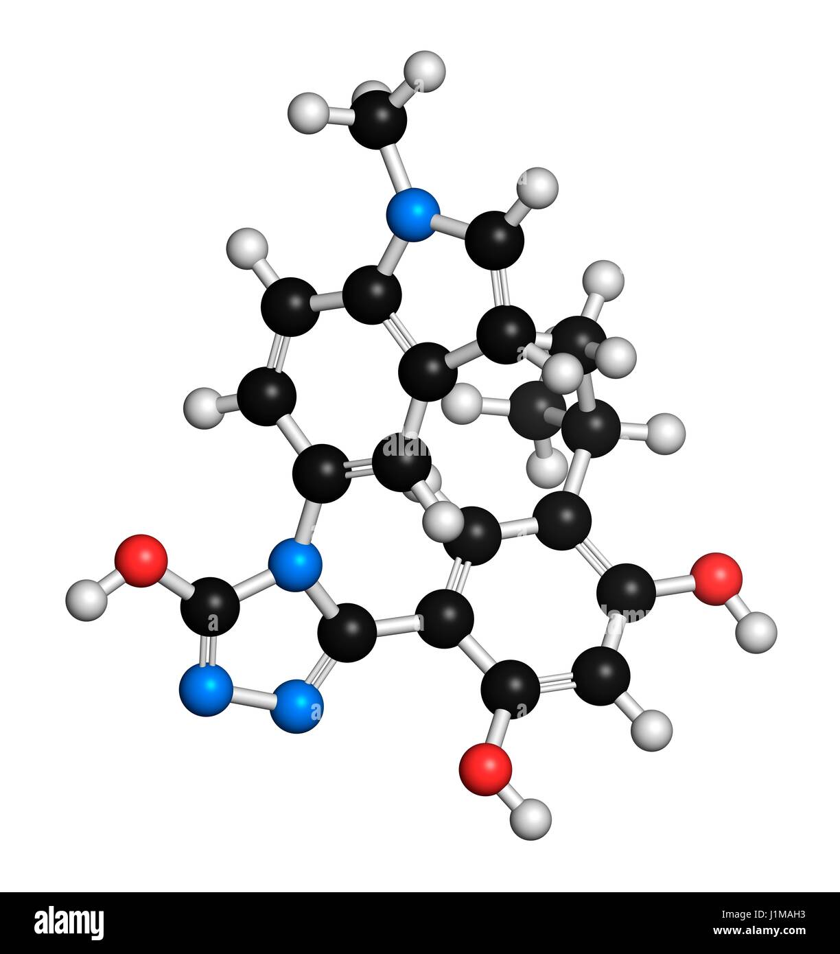 Ganetespib cancer drug molecule (HSP90 inhibitor). 3D rendering. Atoms ...