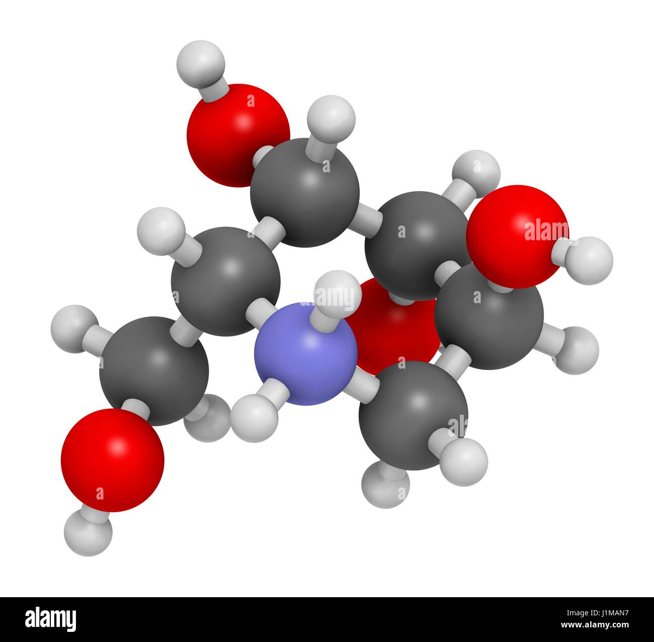 Migalastat Fabry disease drug molecule. 3D rendering. Atoms are ...