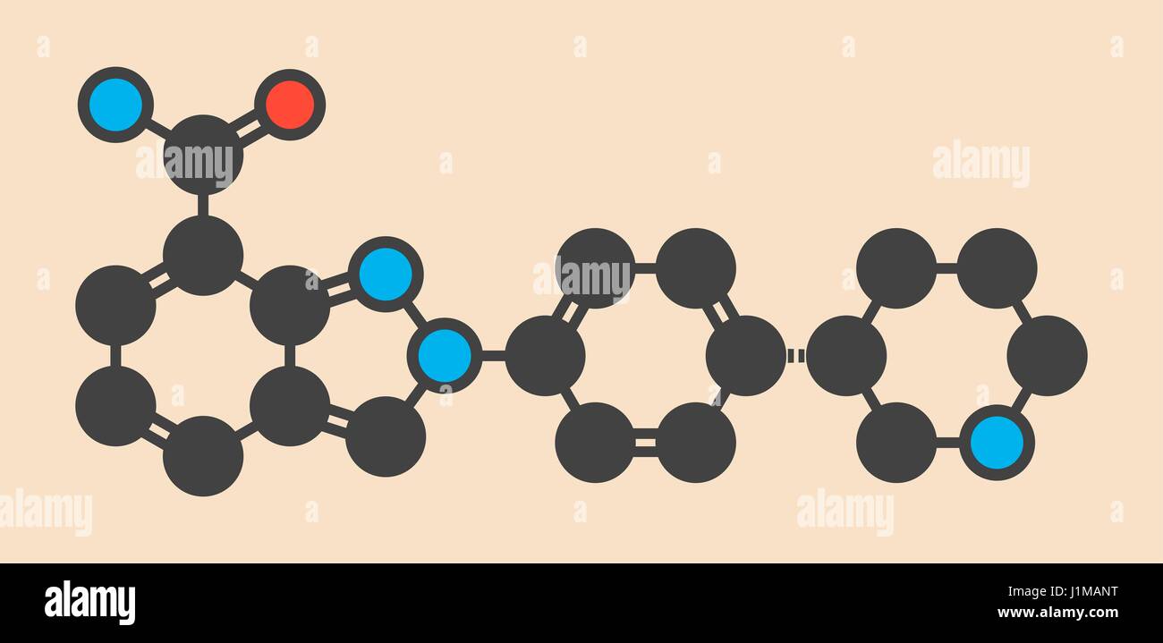Niraparib cancer drug molecule (PARP inhibitor). Stylized skeletal ...