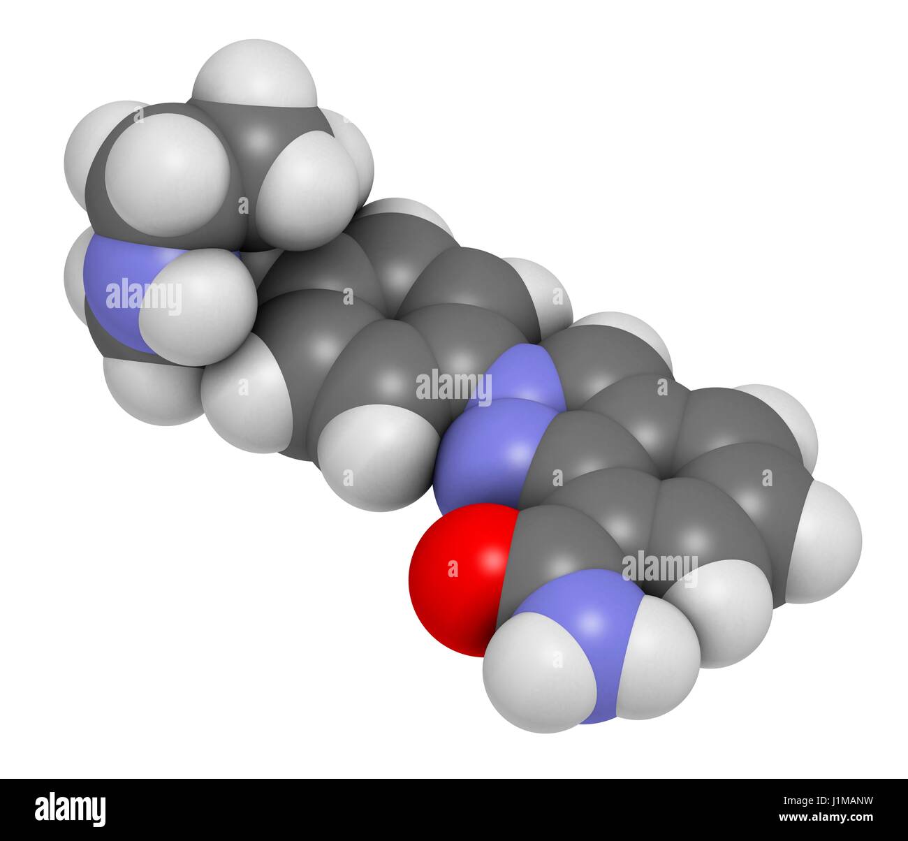 Niraparib cancer drug molecule (PARP inhibitor). 3D rendering. Atoms ...