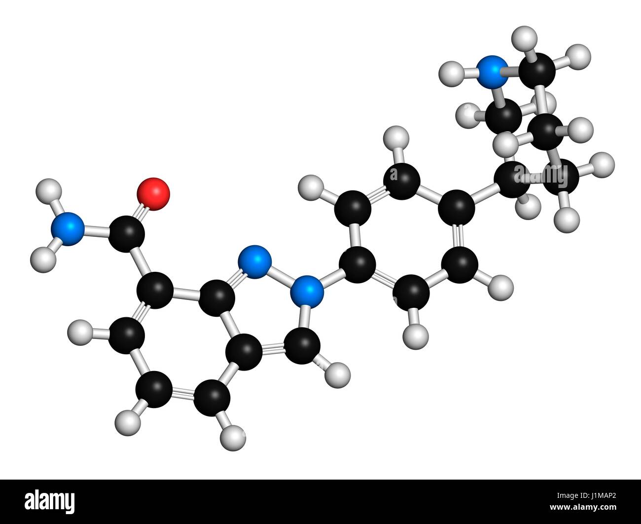 Niraparib cancer drug molecule (PARP inhibitor). 3D rendering. Atoms ...