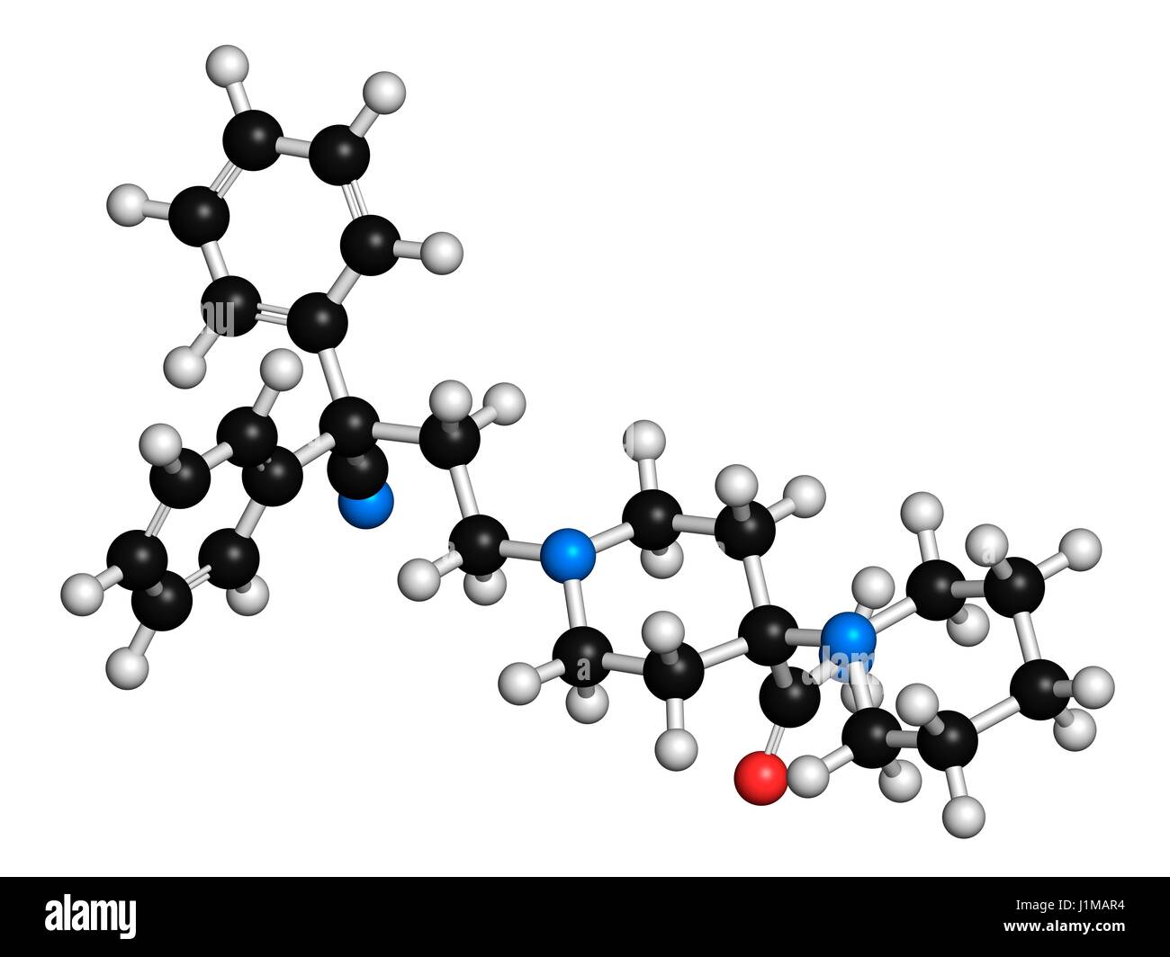 Piritramide opioid analgesic drug molecule. 3D rendering. Atoms are ...