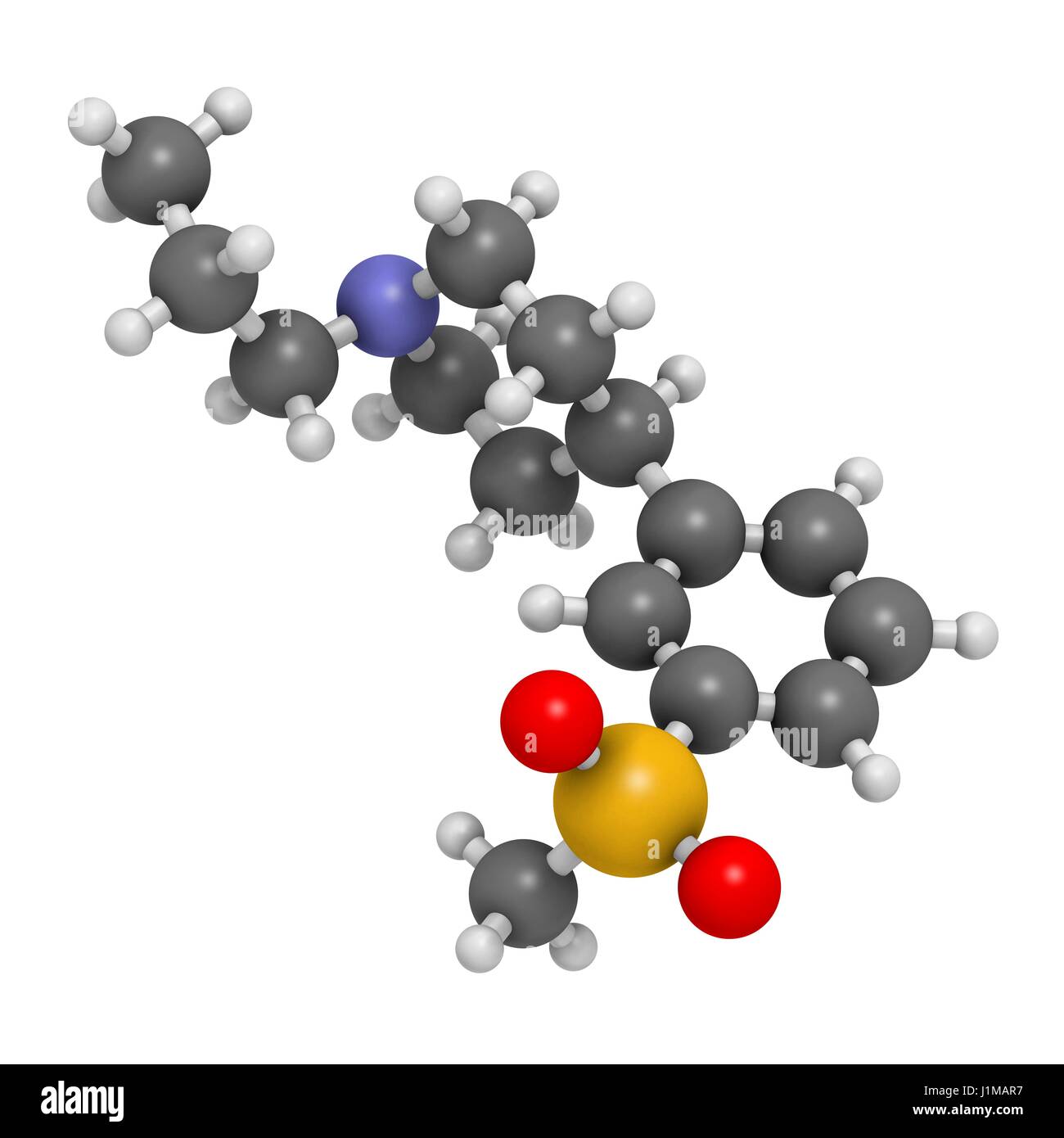 Pridopidine Huntington's disease drug molecule. 3D rendering. Atoms are ...