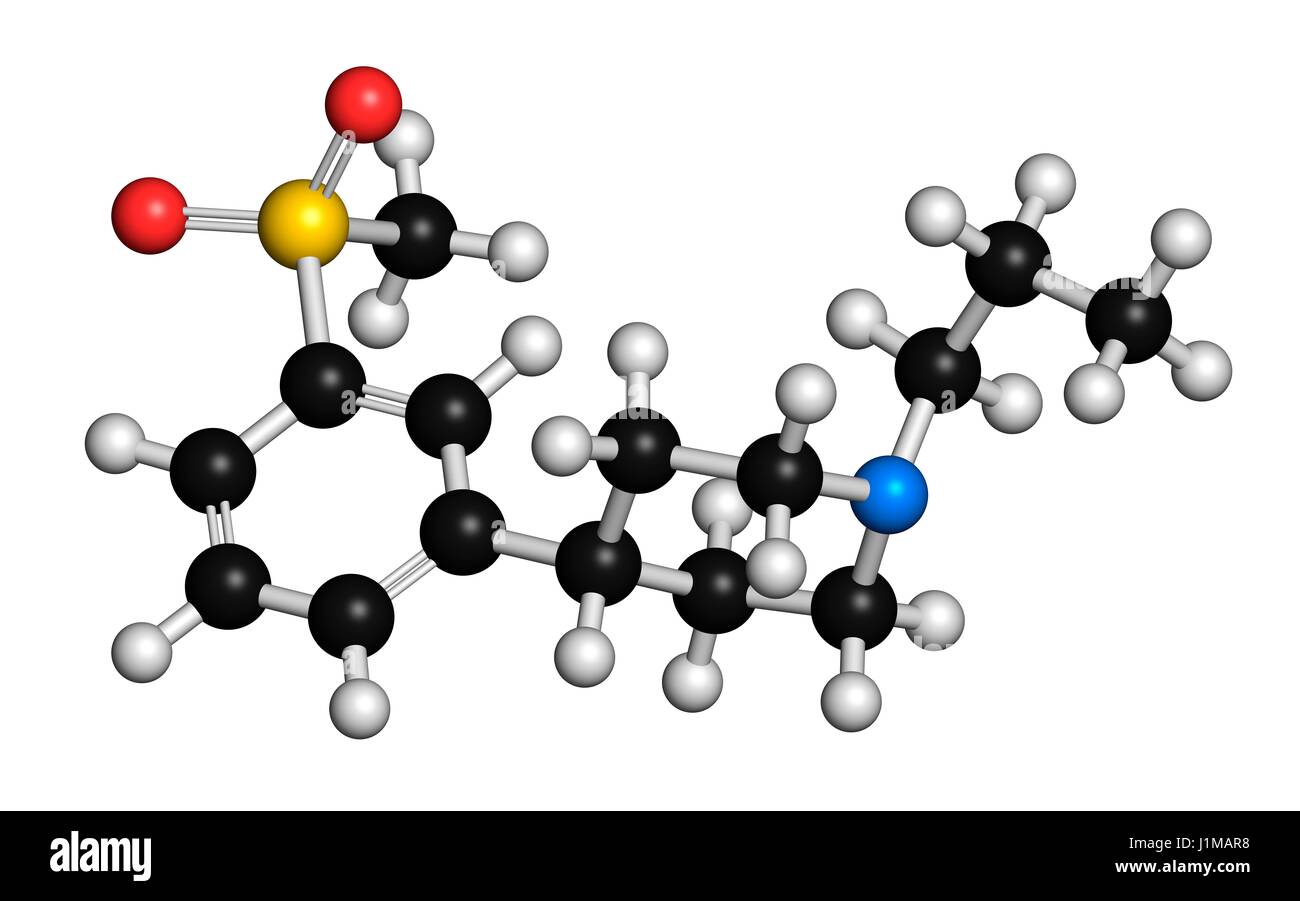 Pridopidine Huntington's disease drug molecule. 3D rendering. Atoms are ...