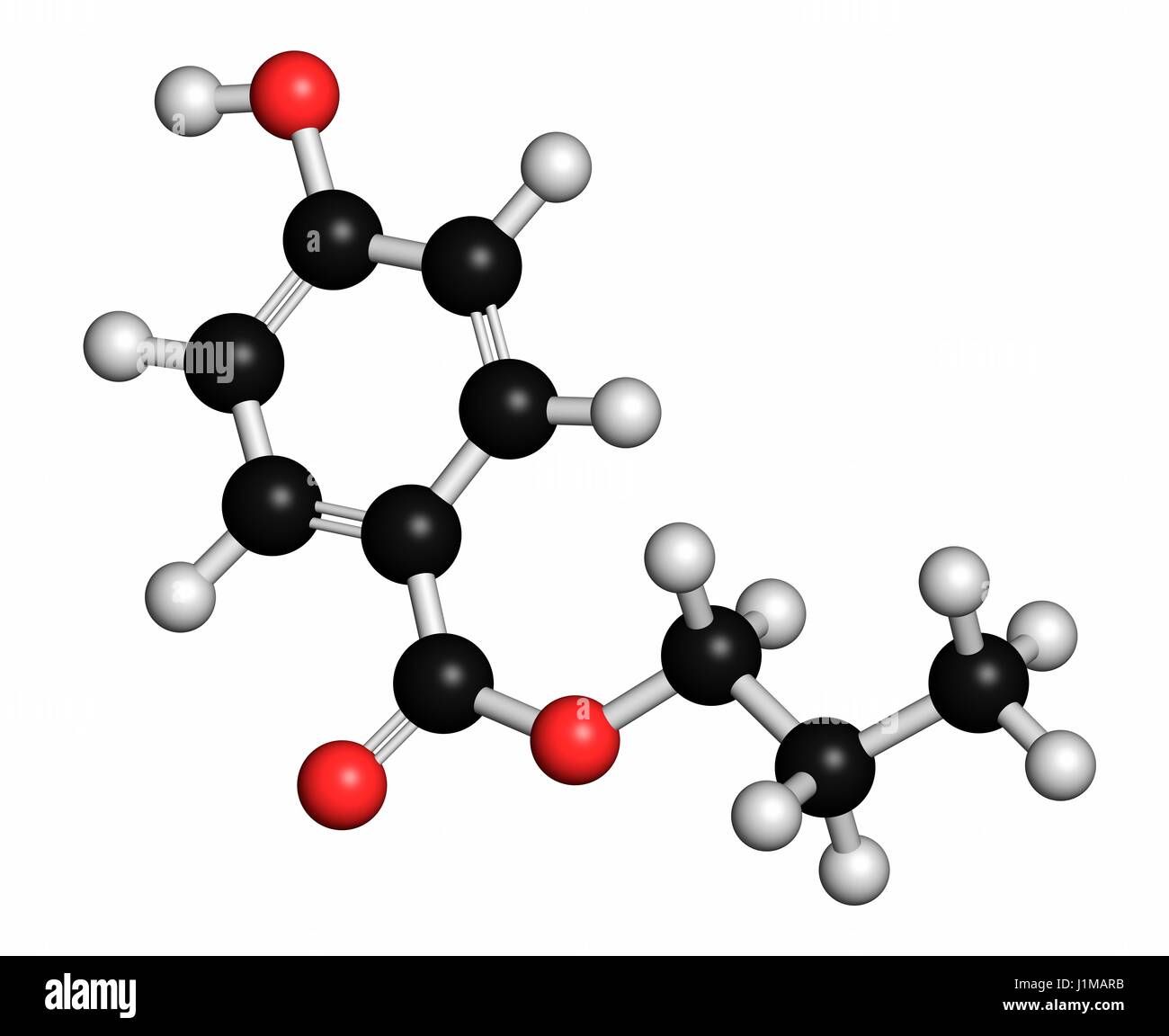 Propylparaben preservative molecule (paraben class). Atoms are ...