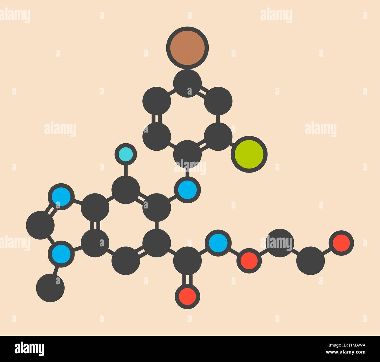 Selumetinib cancer drug molecule (MEK1 and MEK2 inhibitor). Stylized ...