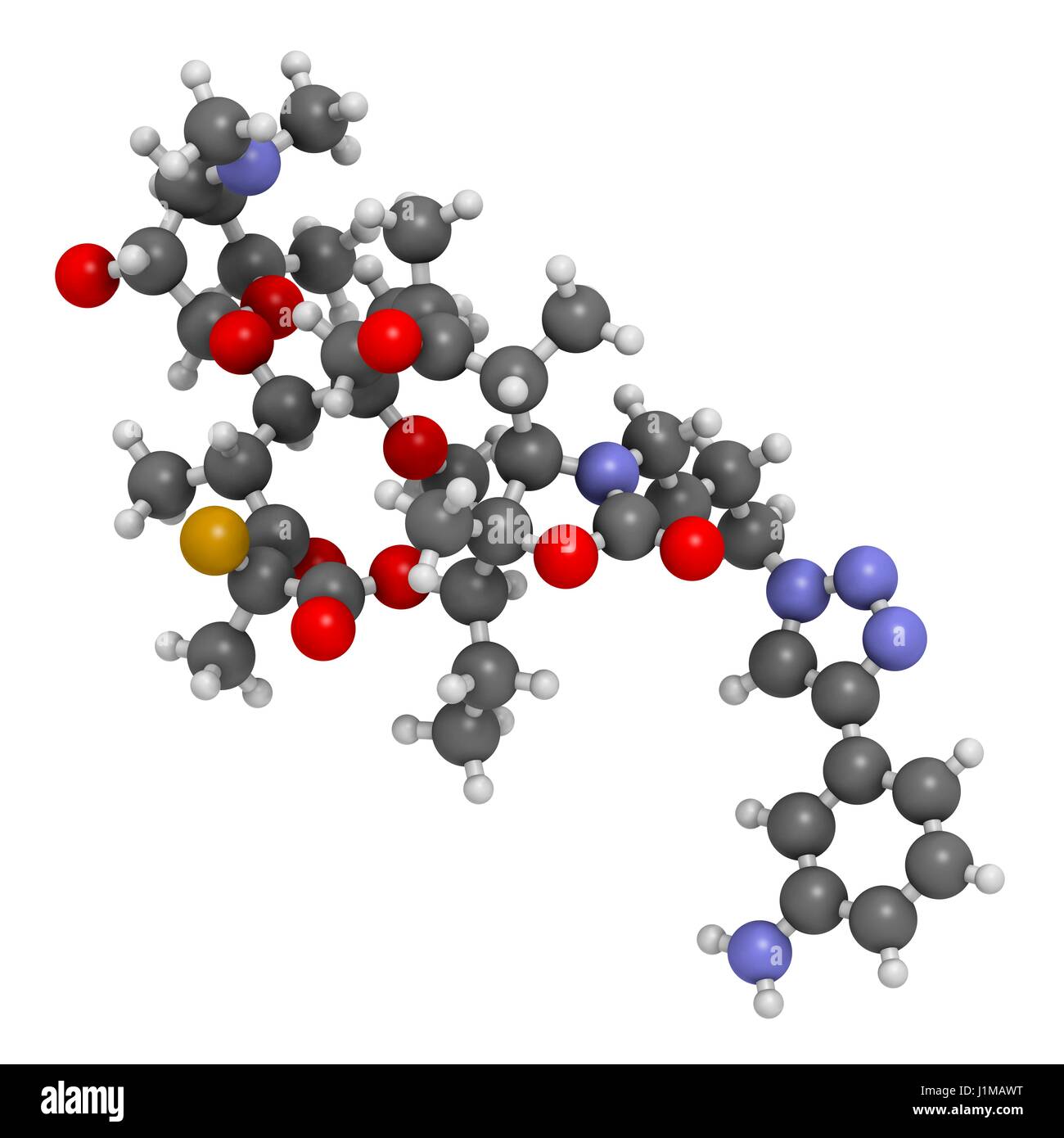 Solithromycin antibiotic drug molecule. 3D rendering. Atoms are ...