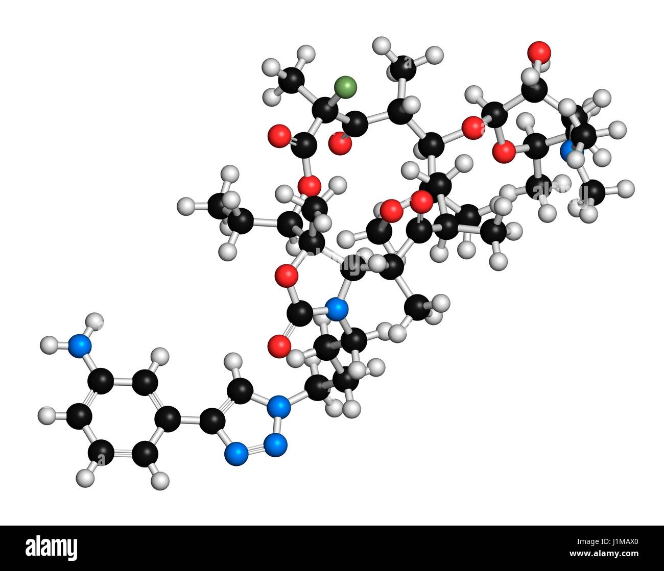 Solithromycin antibiotic drug molecule. 3D rendering. Atoms are ...