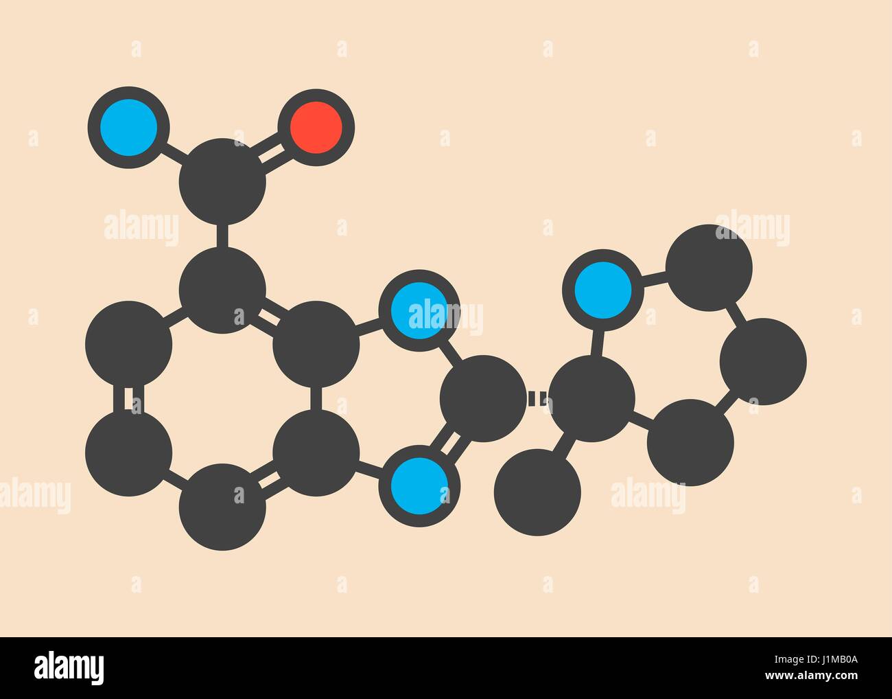 Veliparib cancer drug molecule (PARP inhibitor). Stylized skeletal ...