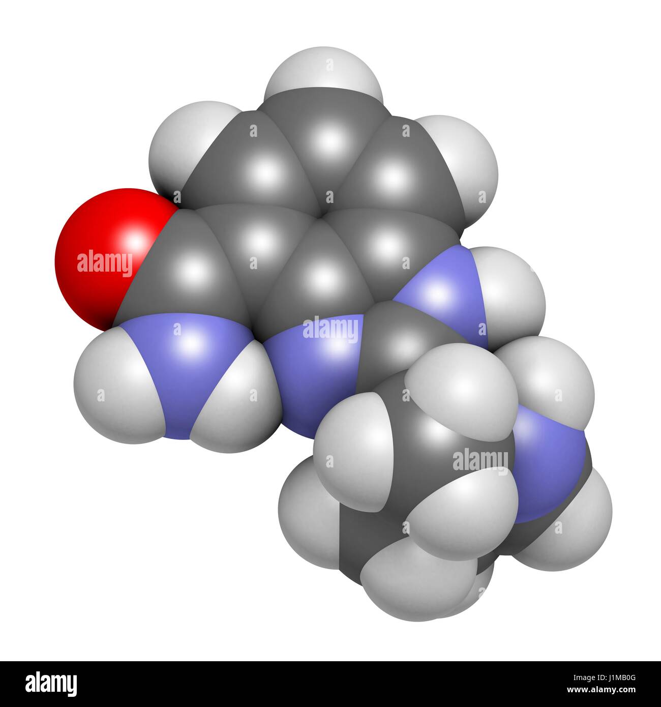 Veliparib cancer drug molecule (PARP inhibitor). 3D rendering. Atoms ...