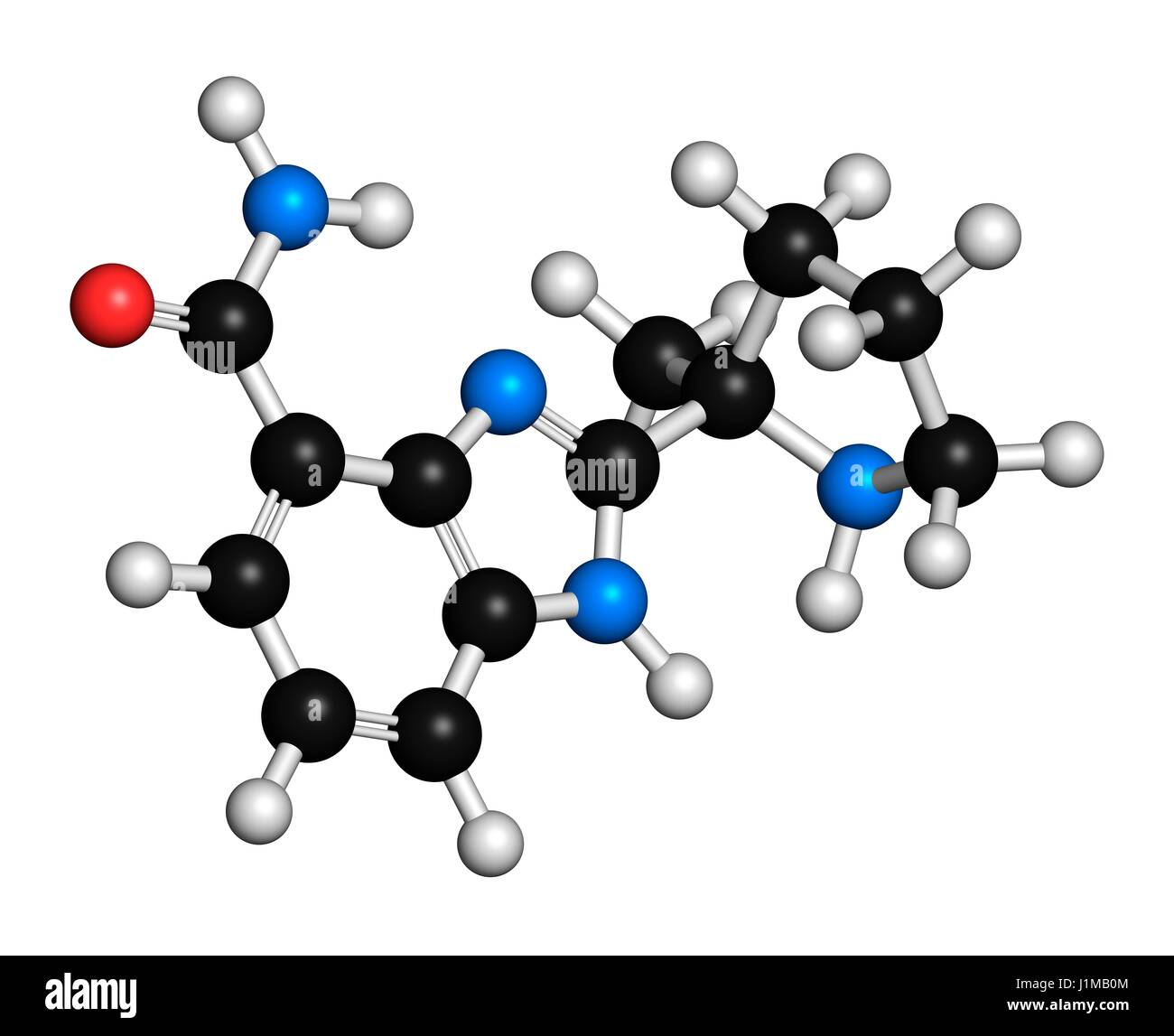 Veliparib cancer drug molecule (PARP inhibitor). 3D rendering. Atoms ...