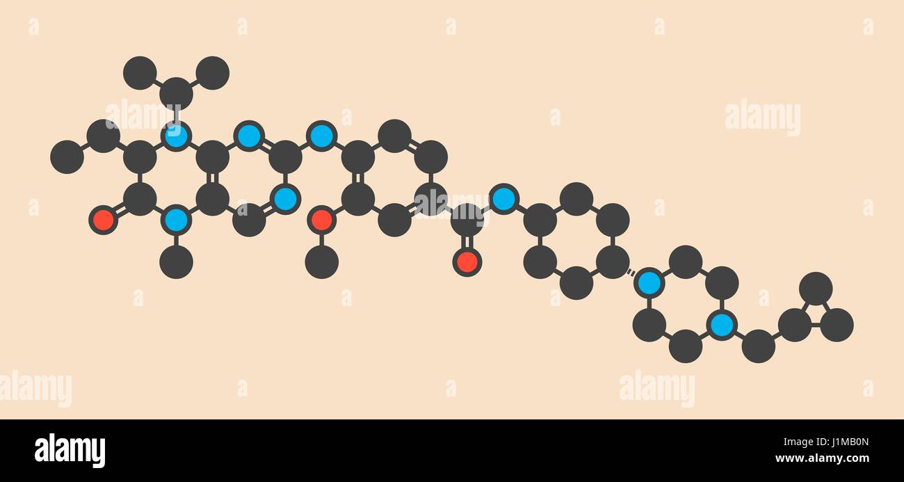 Volasertib cancer drug molecule (PLK1 inhibitor). Stylized skeletal ...