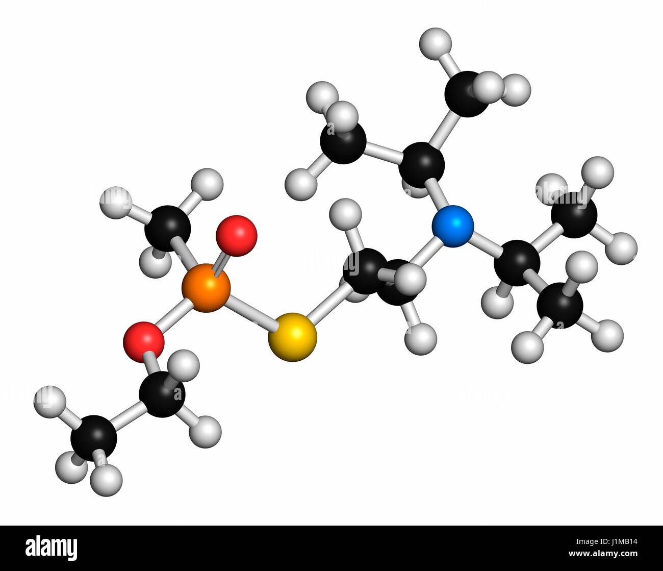 VX nerve agent molecule (chemical weapon). Atoms are represented as ...