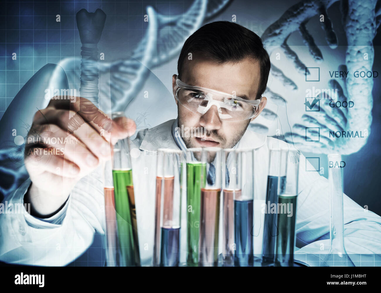 Portrait of concentrated male scientist working with reagents in ...
