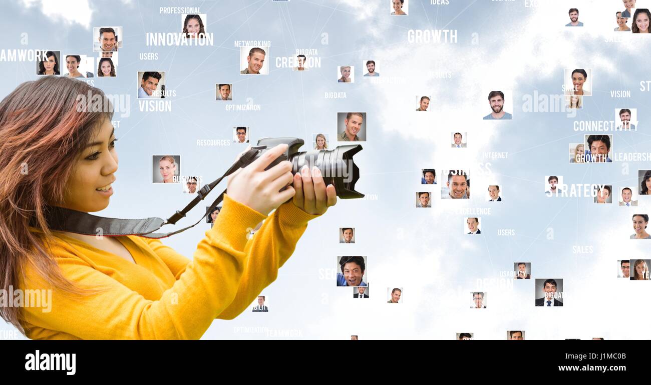 Digital composite of happy girl looking at camera with flying portraits ...