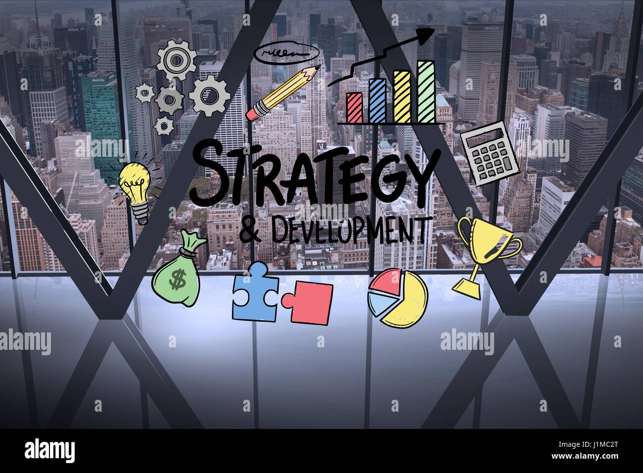 Digital composite of Strategy and development text surrounded by icons ...