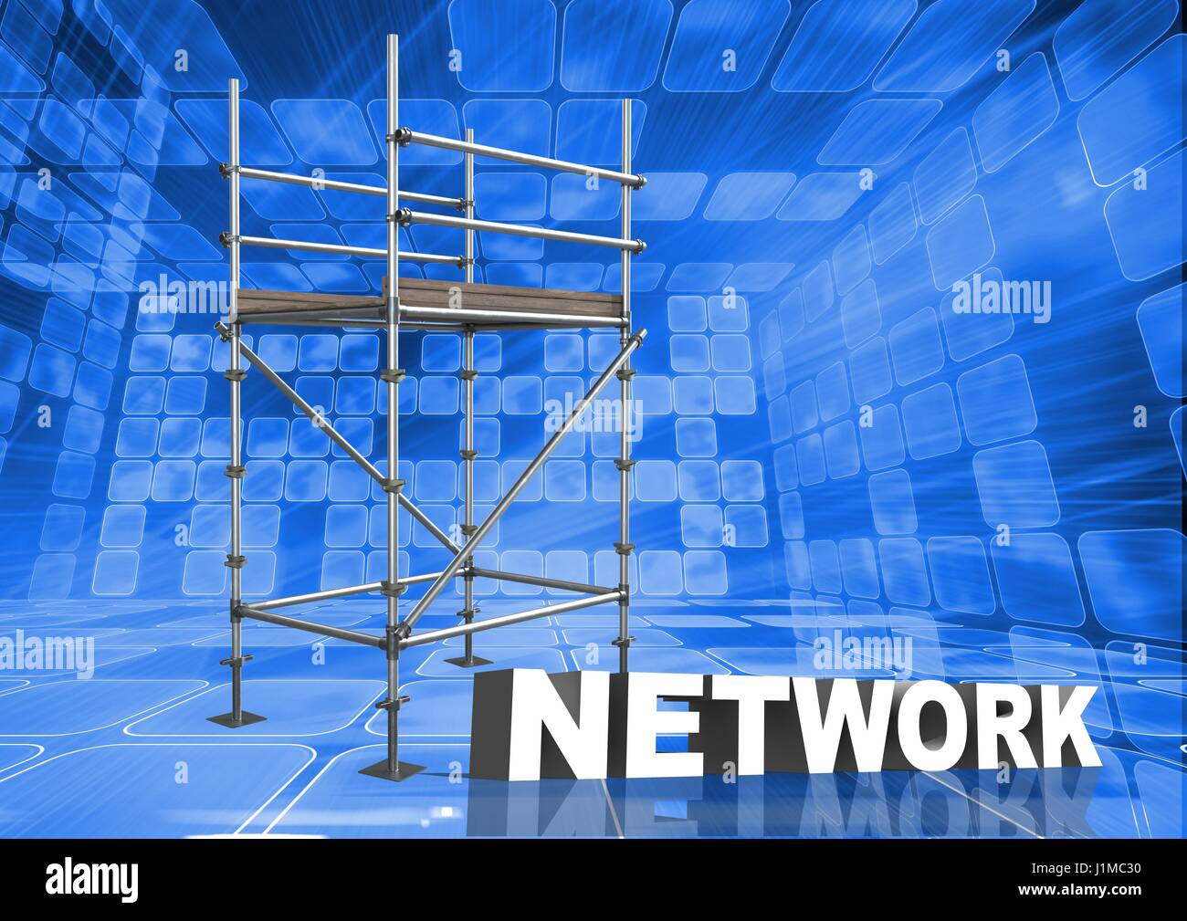 Digital Composite Of Network Text With 3d Scaffolding And Technology