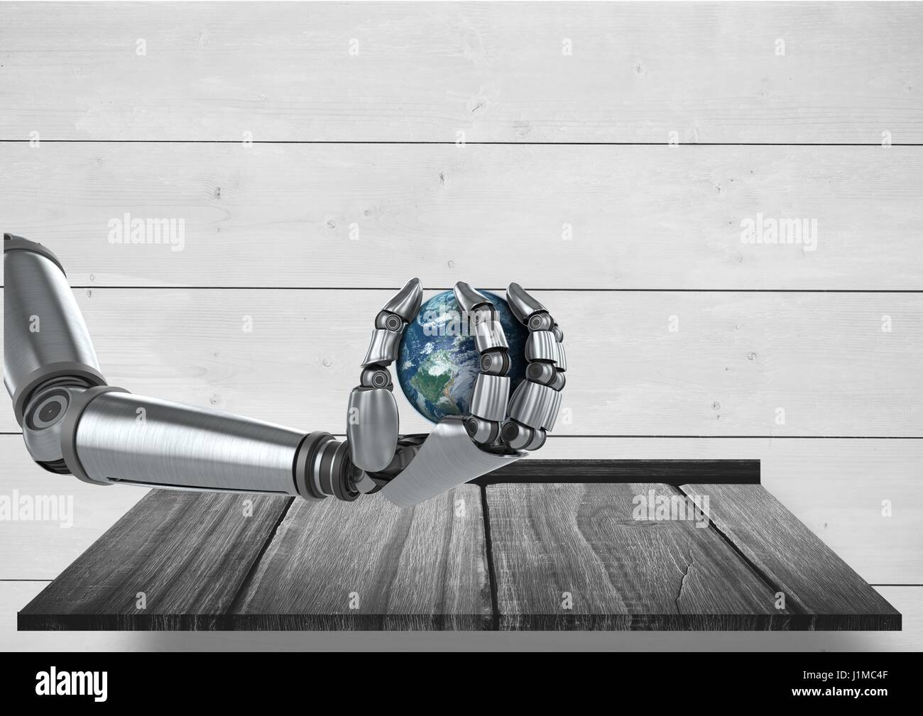 Digital composite of Android Robot hand holding planet earth with wood ...