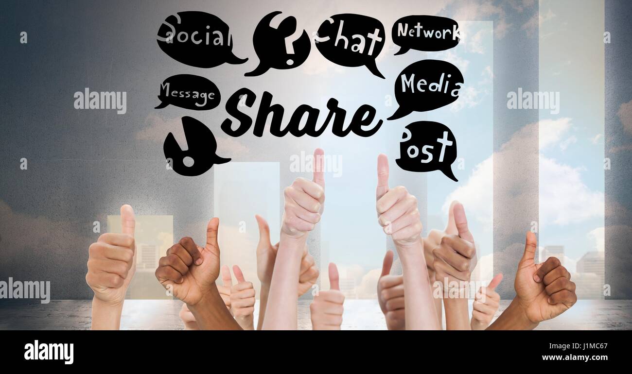 Digital composite of Hands gesturing thumbs up with chat bubbles and ...