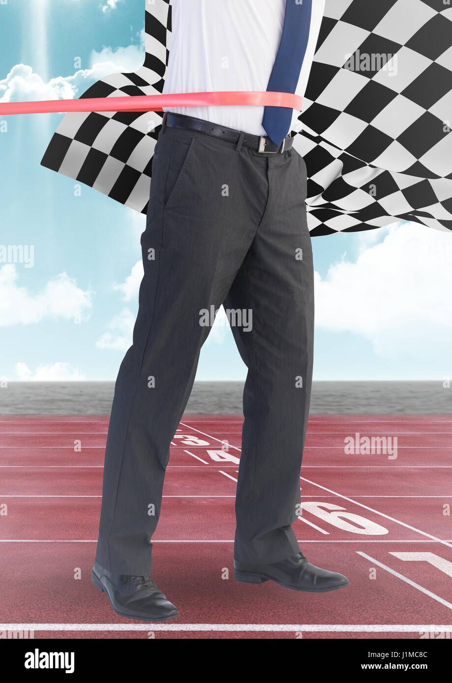 Digital composite of Business man at finish line on track against sky ...