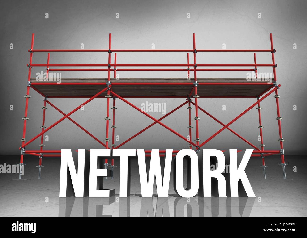 Digital composite of 3D word network against scaffolding in grey room ...