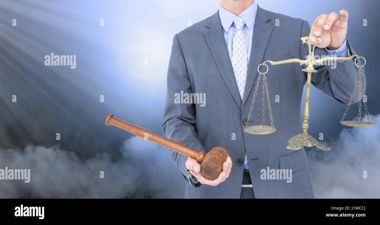 Digital composite of Judge with balance scale and hammer in front of ...