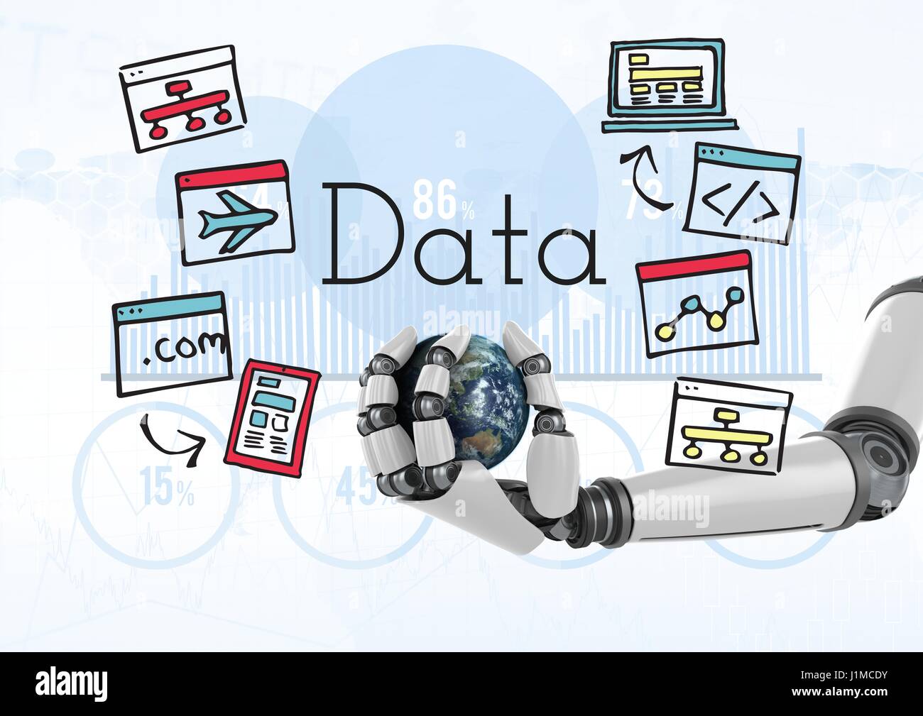 Digital composite of Android hand holding planet earth and Data text ...