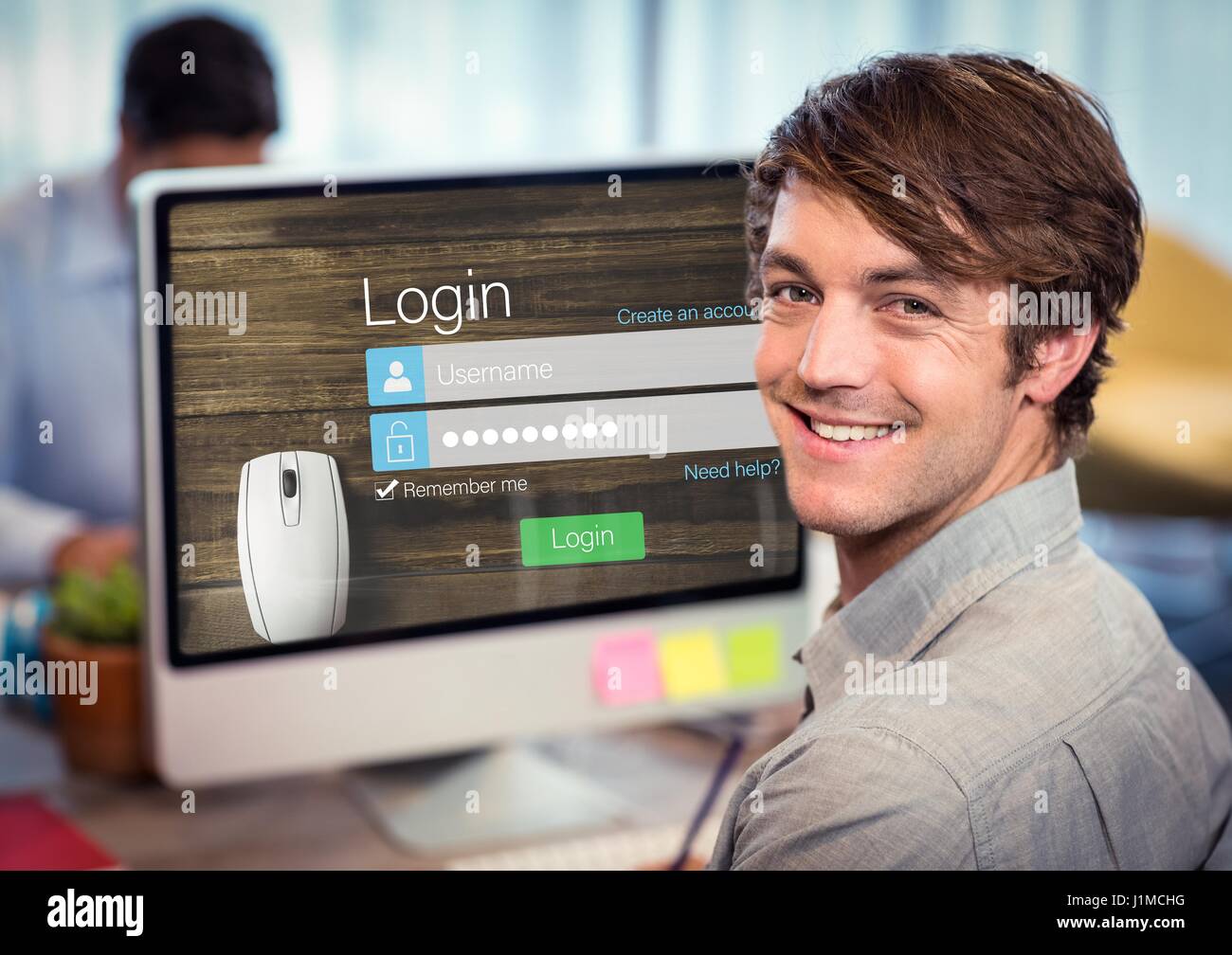 Digital composite of Men in the office with the computer. Login screen ...