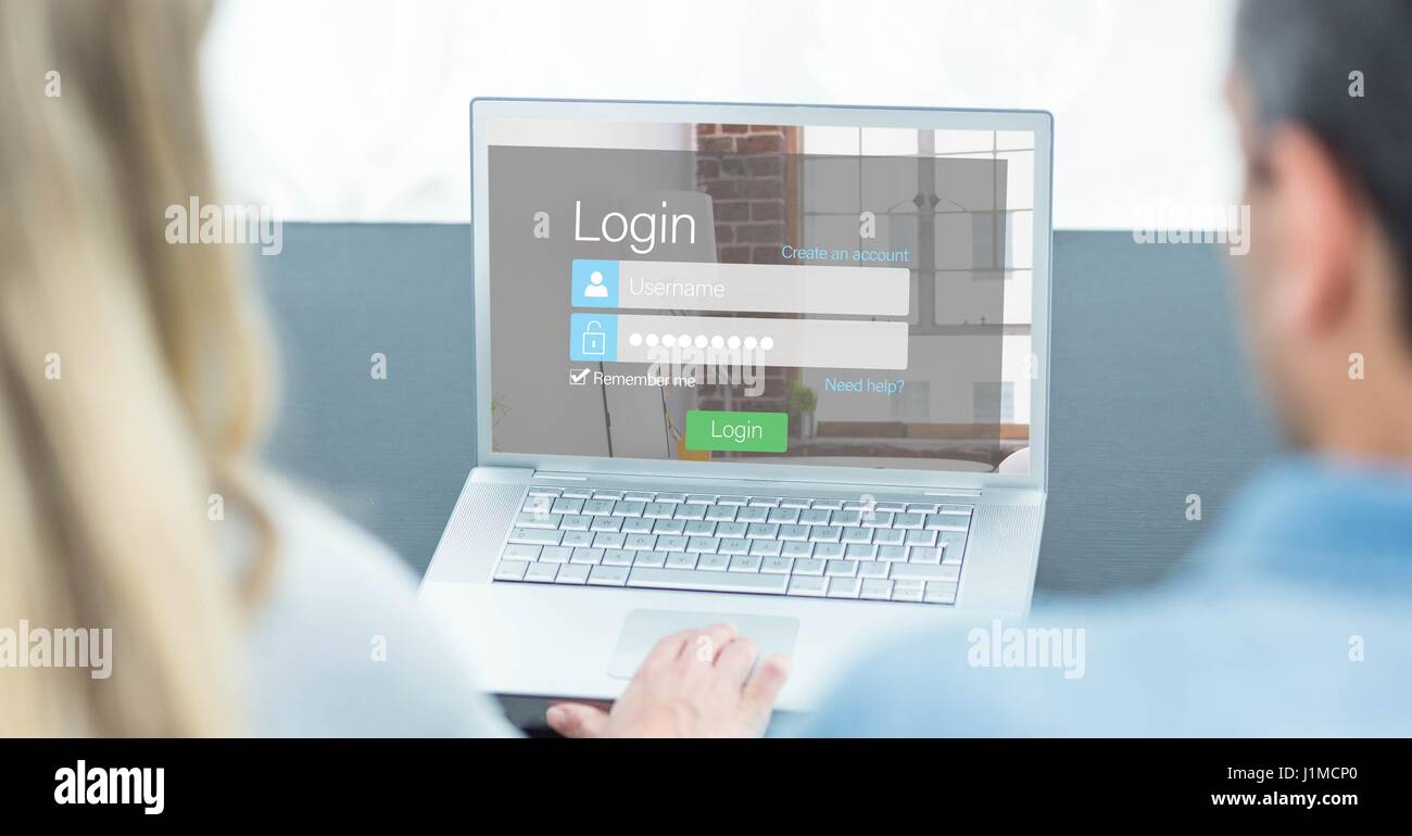 Digital composite of Man and woman looking at login screen on laptop ...