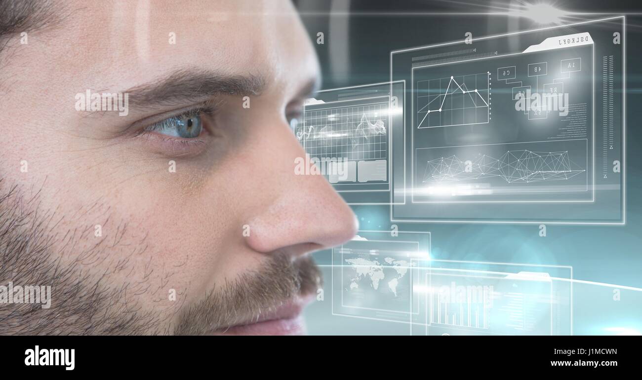 Digital composite of Digital composite image of human face with screens ...