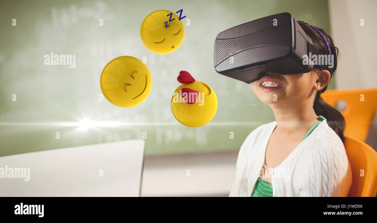Digital composite of Happy girl looking at emojis on VR glasses Stock ...