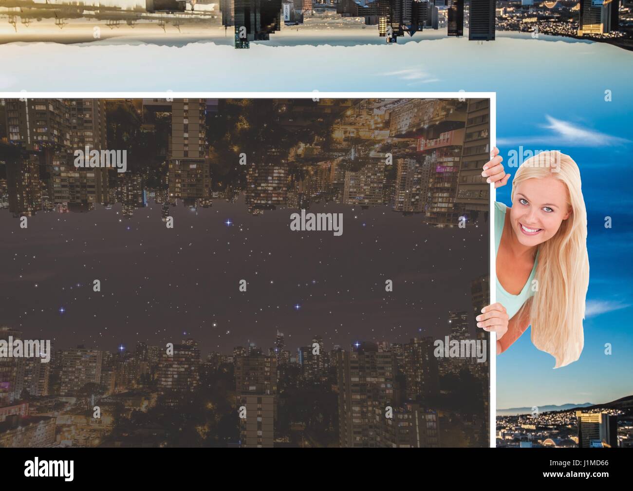 Digital composite of up side down city during the day and girl taking ...