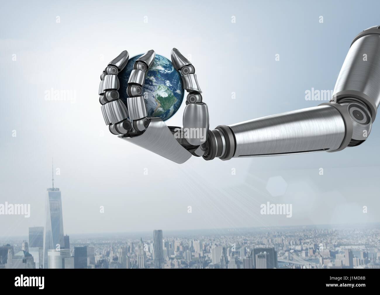 Digital composite of Android Robot hand holding planet earth with city ...