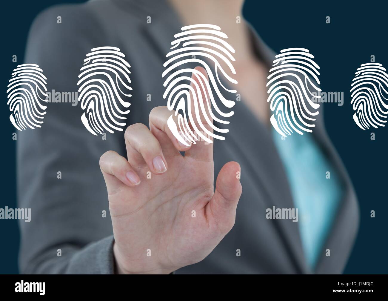 Digital composite of business woman with fingerprints scans Stock Photo ...