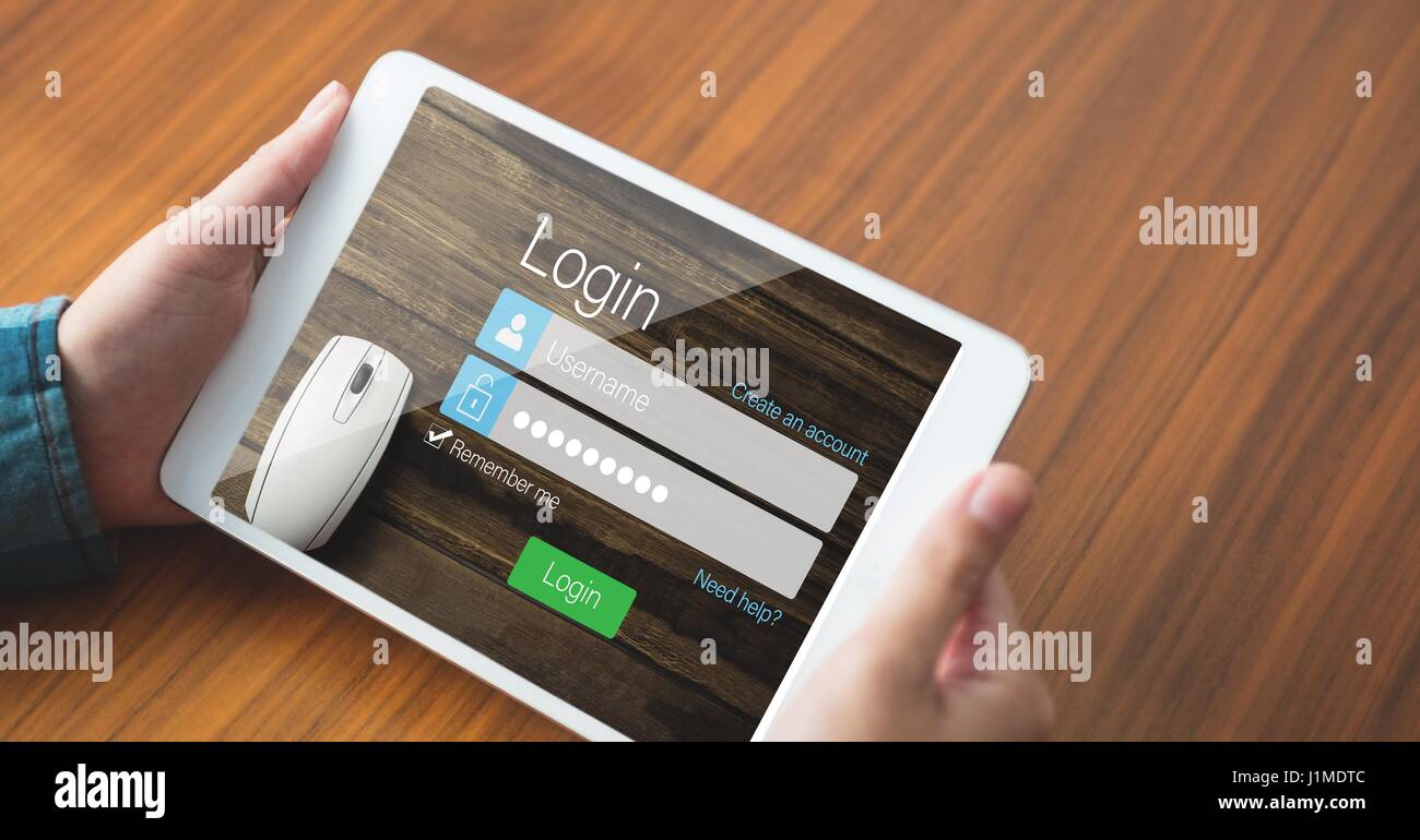 Digital composite of Hands holding tablet PC with log in page on screen ...