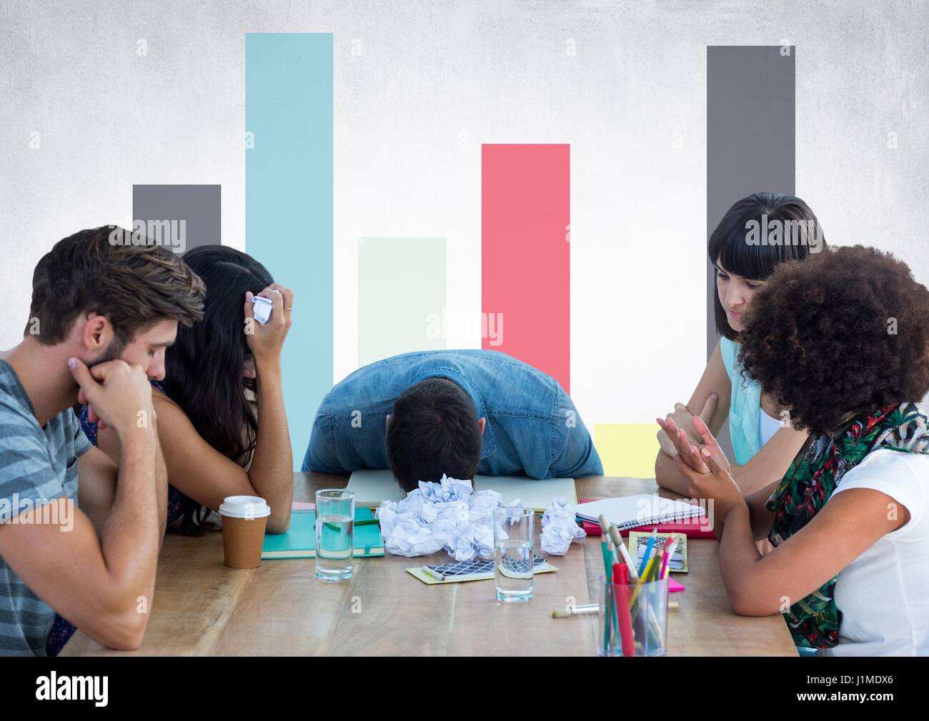 Digital composite of Bored people at meeting against colourful graphs ...
