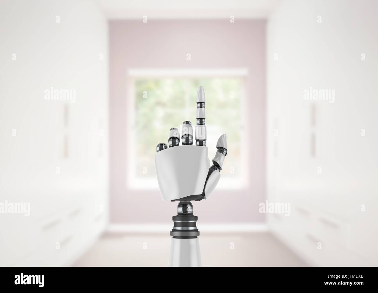 Digital composite of Android Robot hand pointing with bright room ...