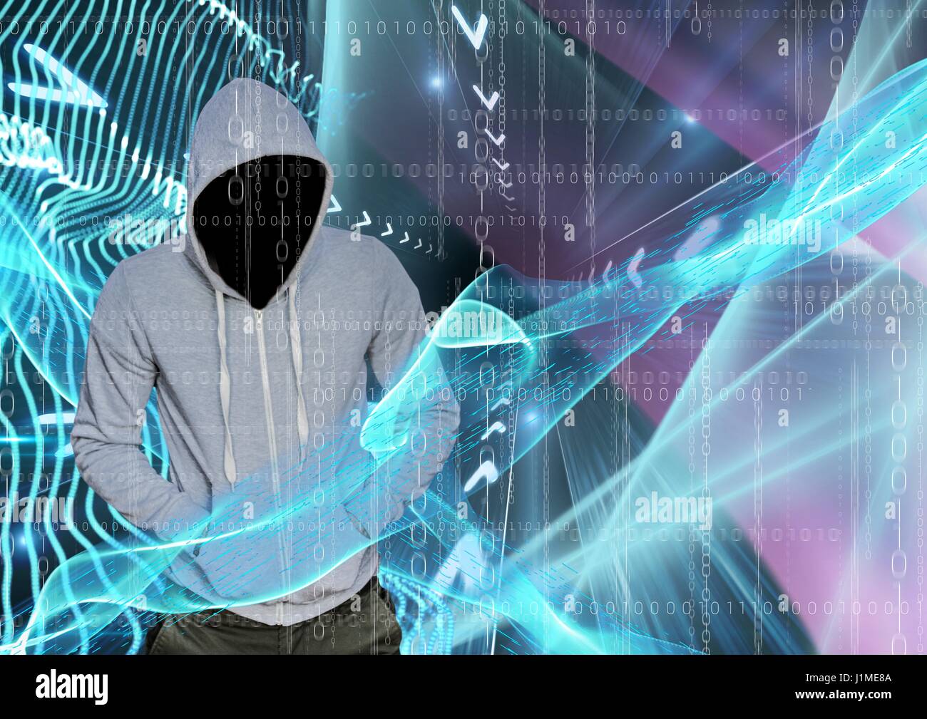 Digital composite of Grey jumper hacker with out face with his hands on ...