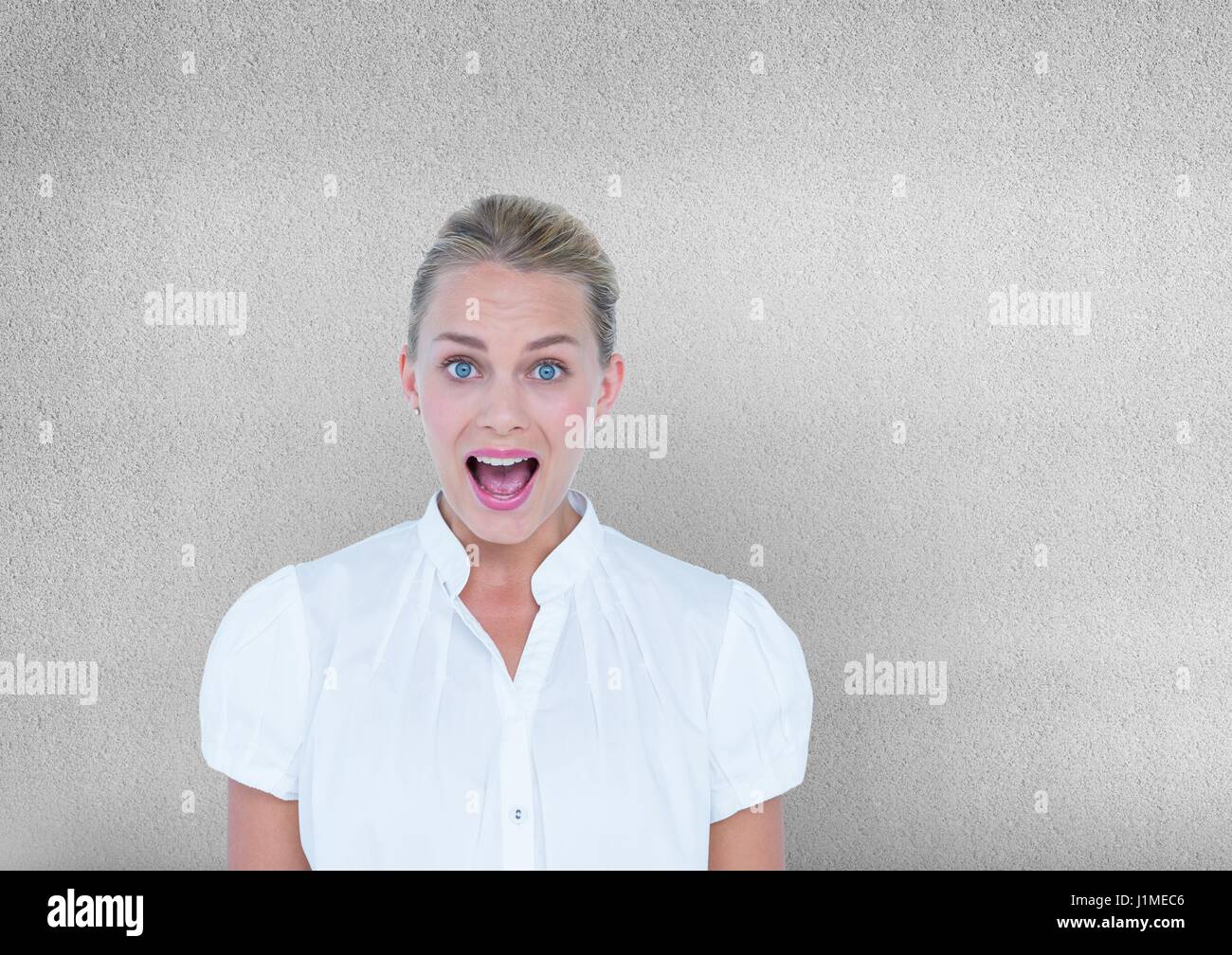 Digital composite of Business woman shouting. Wall background Stock ...