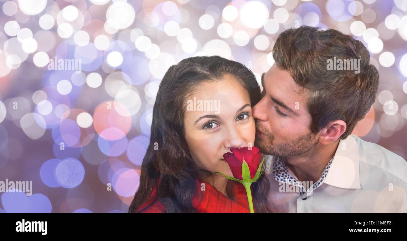 Digital composite of Portrait of woman with rose being kissed by man ...