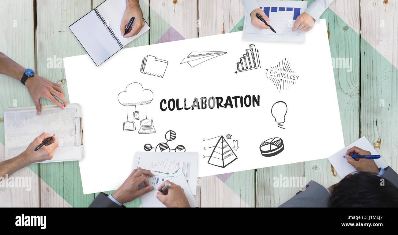 Digital composite of Collaboration text with icons and business people ...