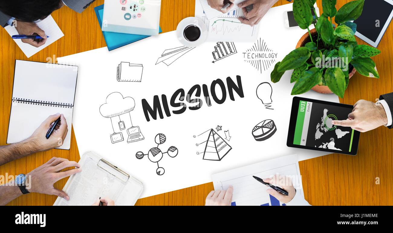 Digital composite of Mission text by icons and hands Stock Photo - Alamy