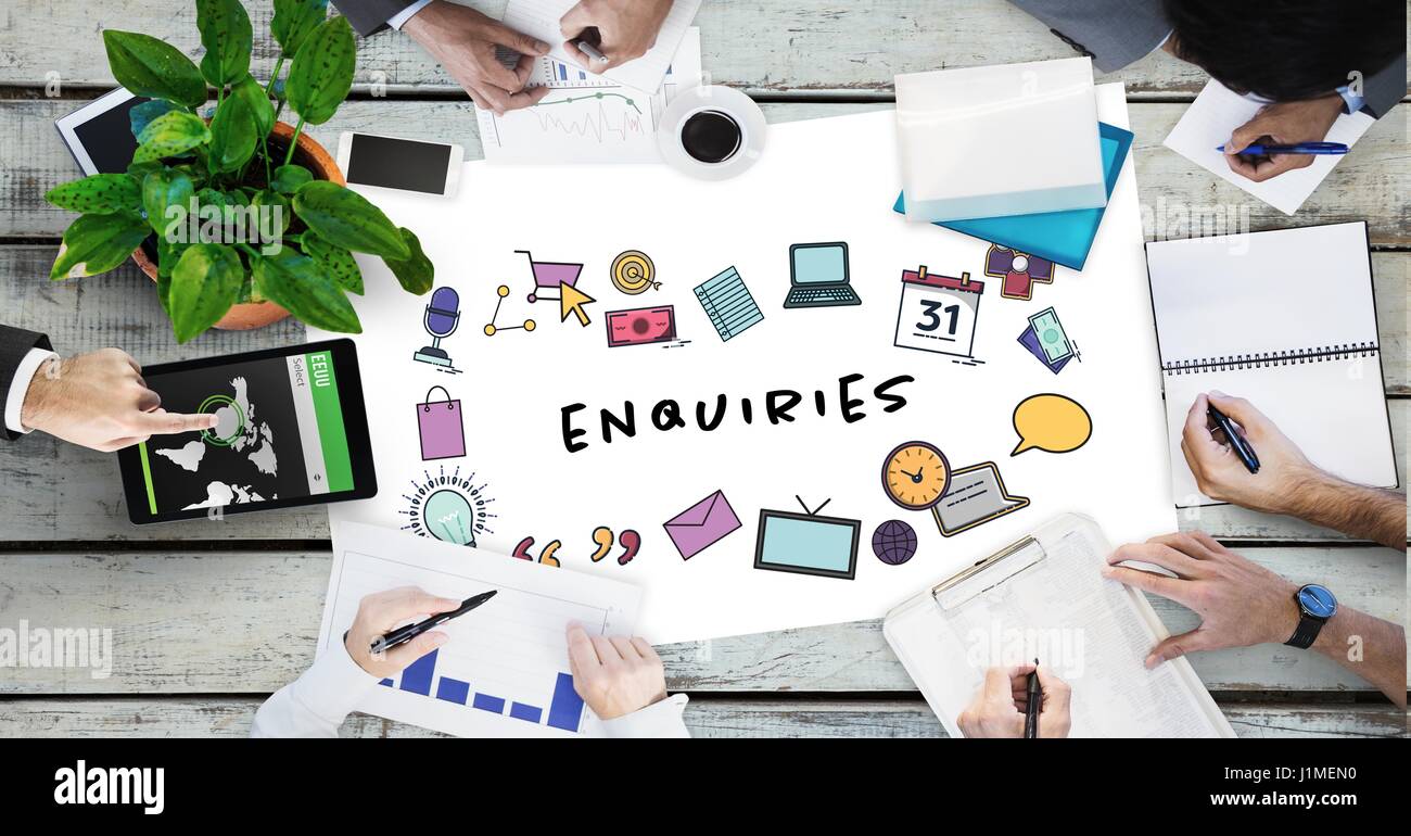 Digital composite of Enquiries text by icons and hands Stock Photo - Alamy