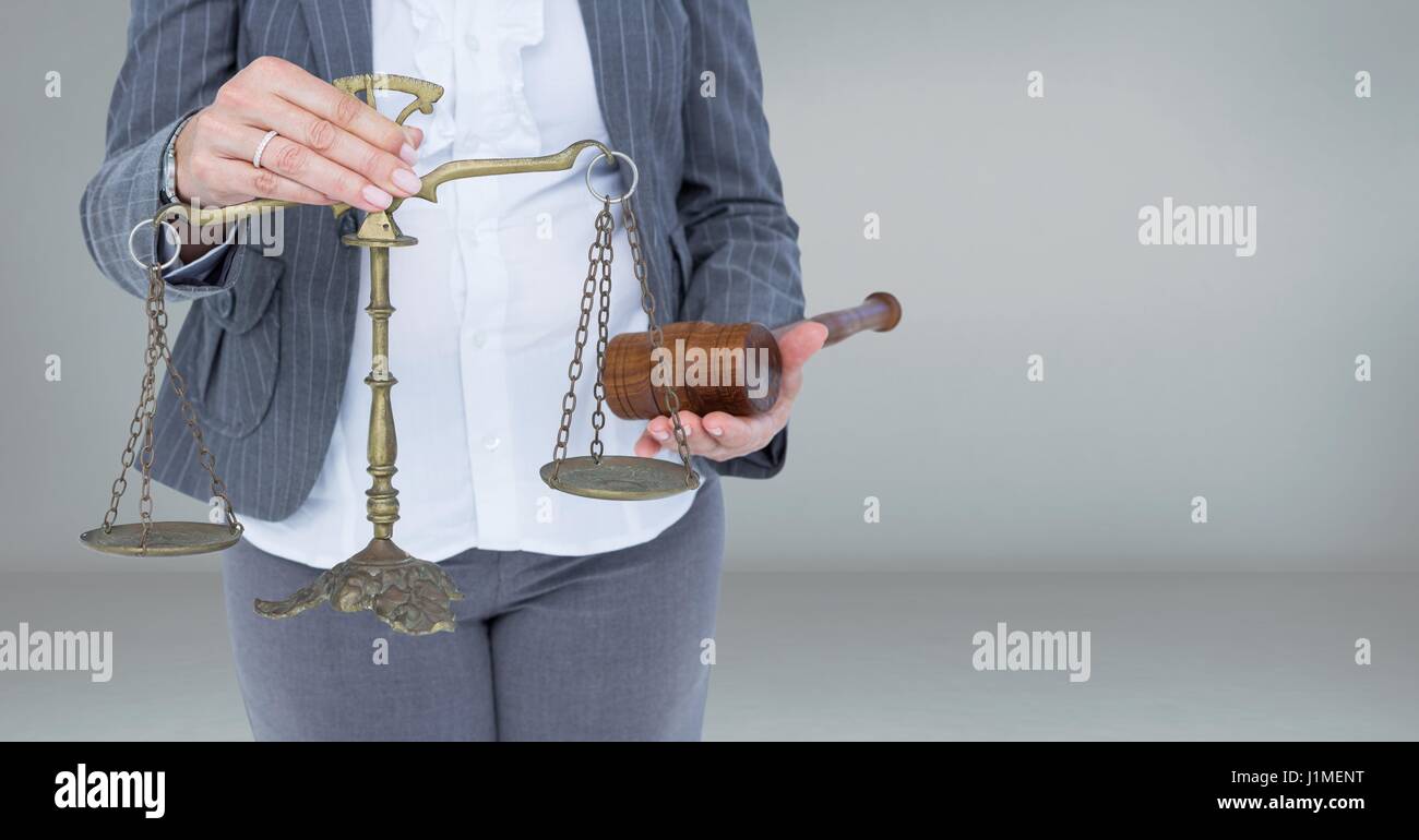 Digital composite of Judge with balance scale and hammer in front of ...