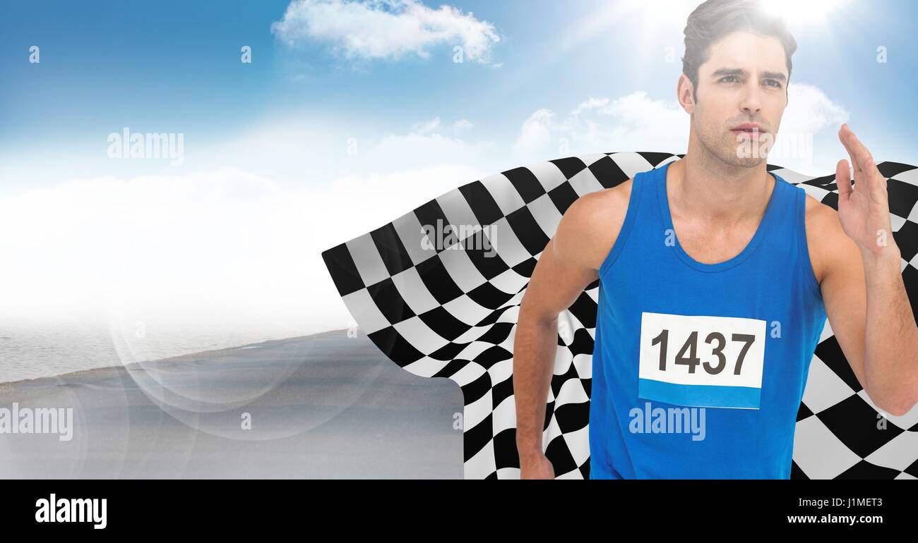 Digital composite of Male runner sprinting on road against sky and sun ...