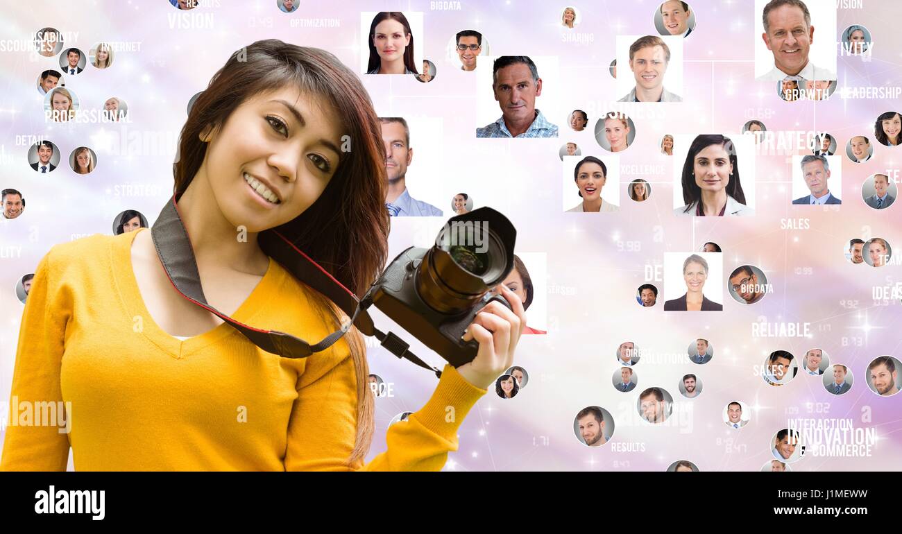 Digital composite of Female photographer with flying portraits Stock ...