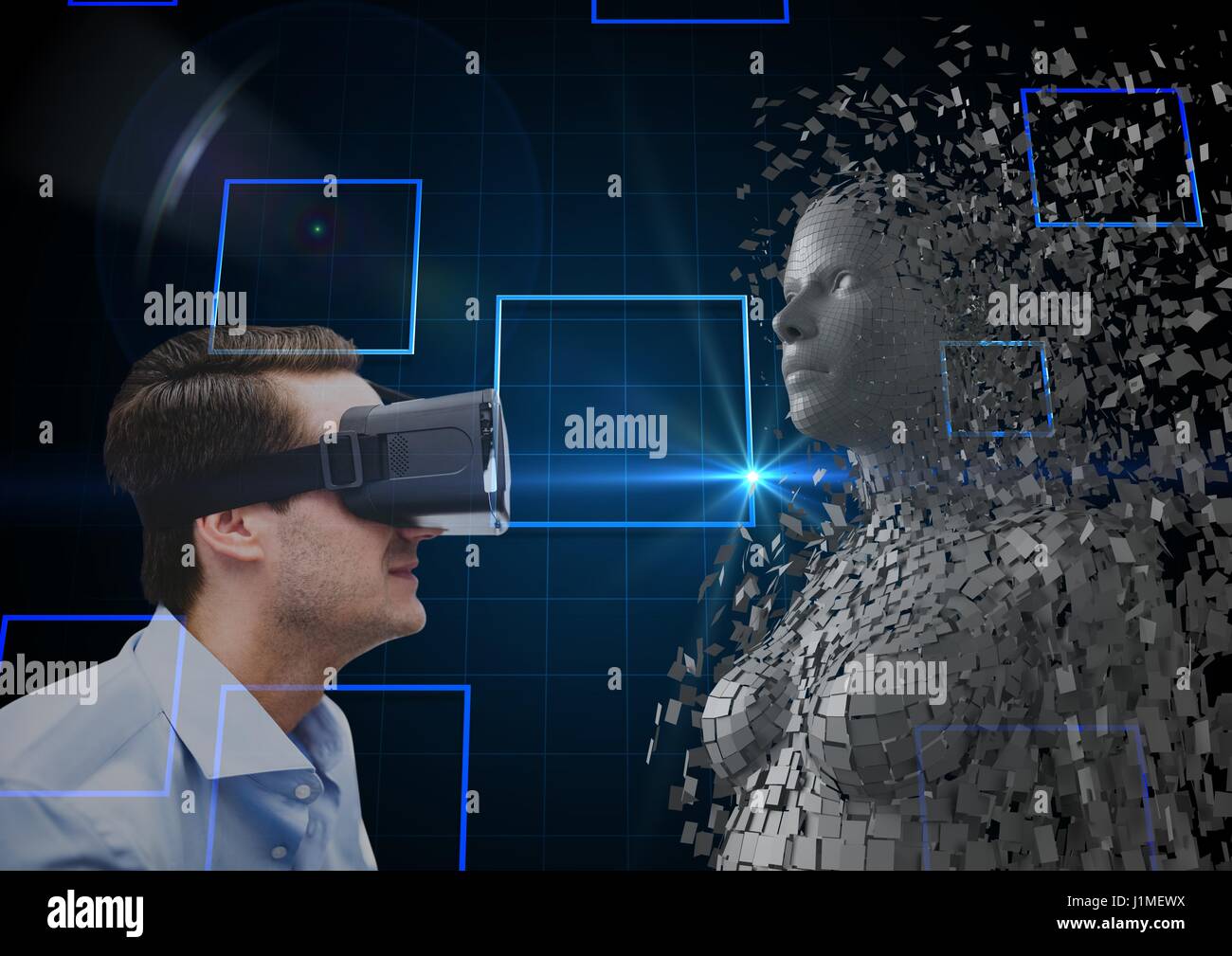 Digital composite of Side view of businessman looking at 3d human on VR ...