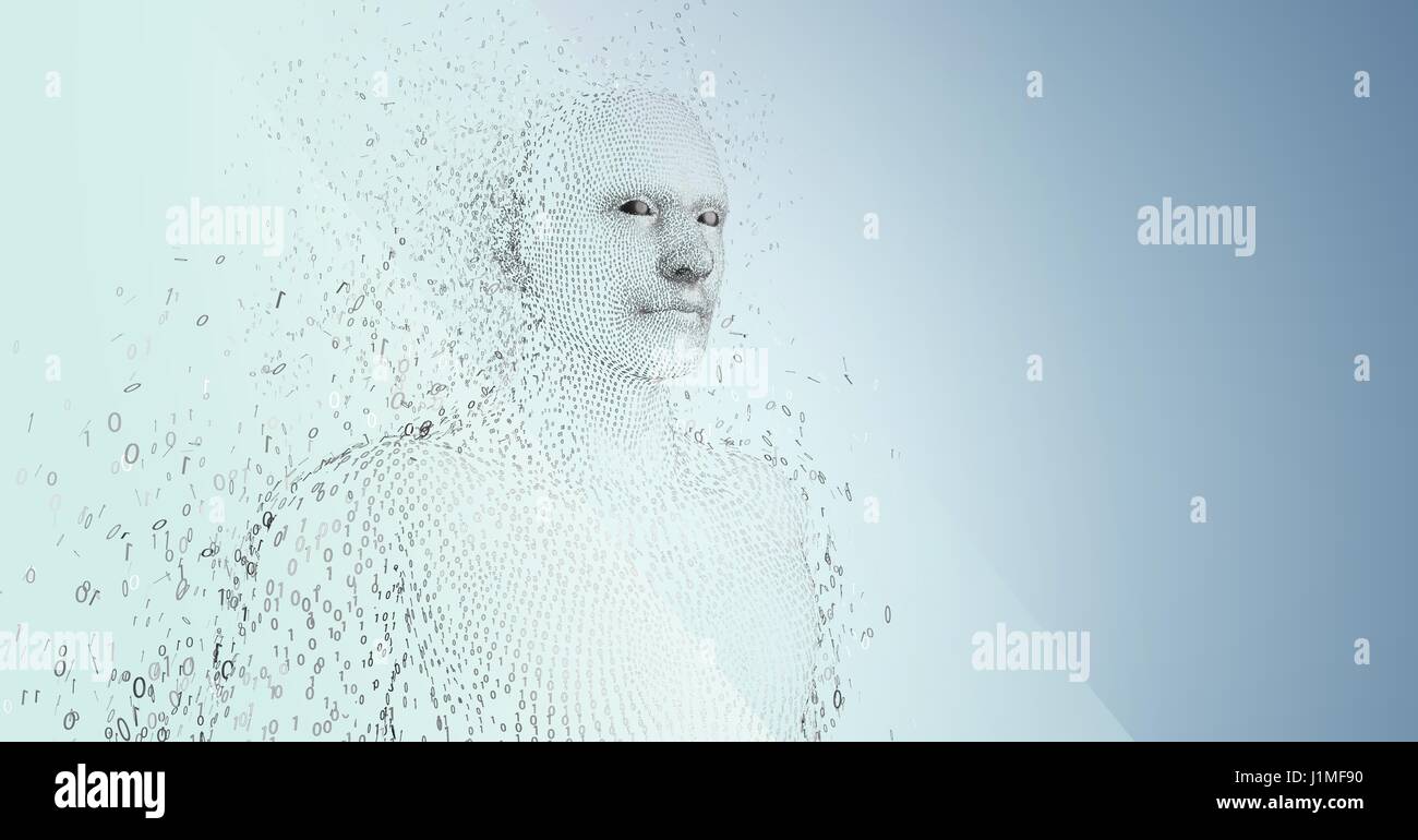 Digital composite of 3D male shaped binary code against blue background ...
