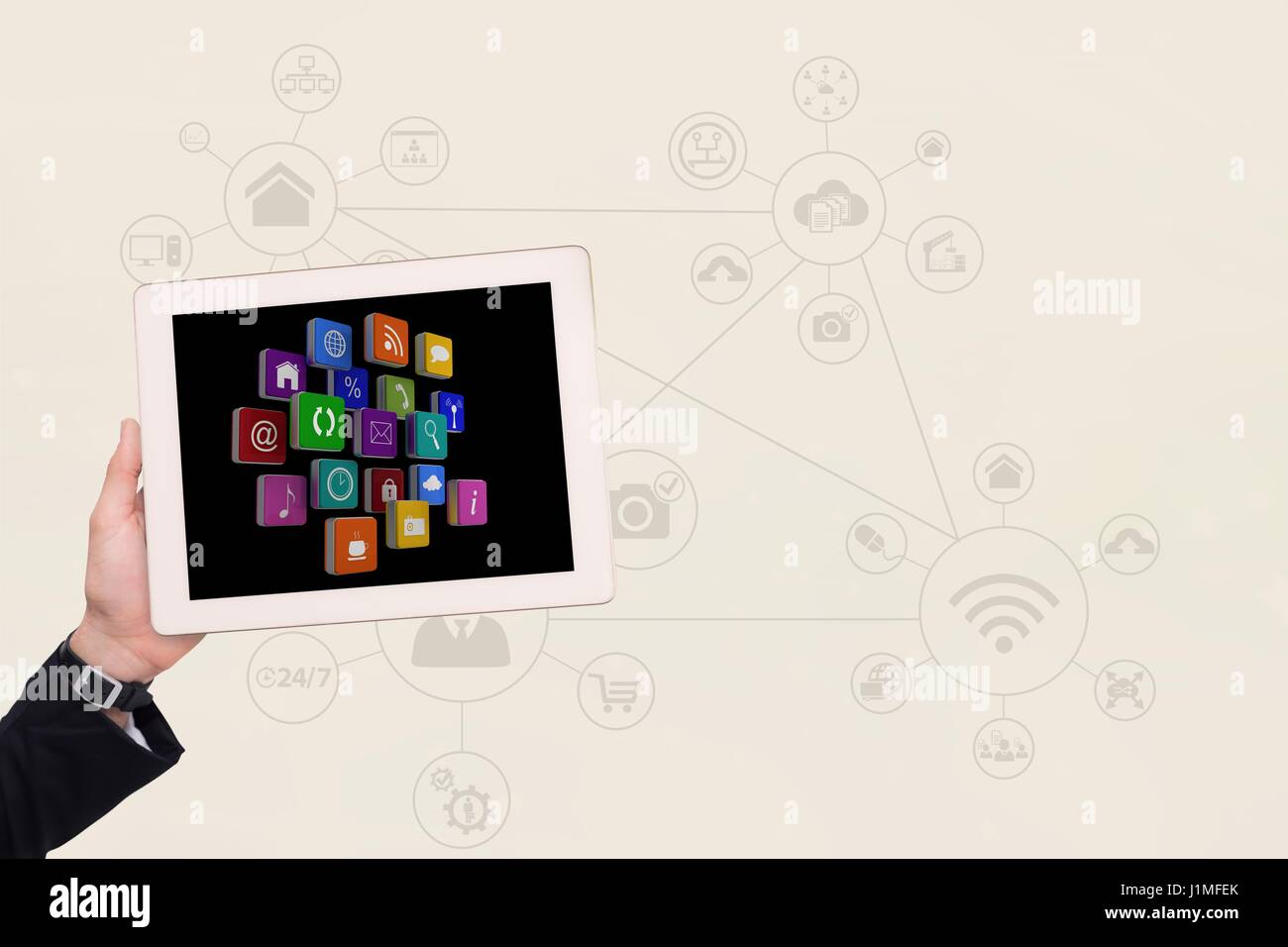 Digital composite of Cropped image of hand holding various icons in ...